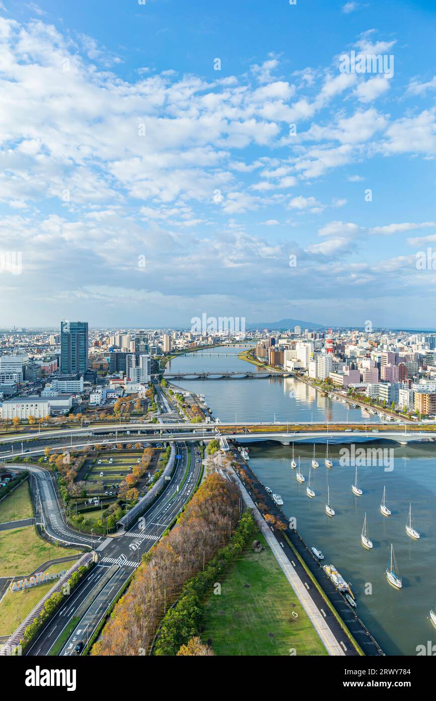 Historic Bandai Bridge surrounded by streetscapes along Niigata Shinano ...