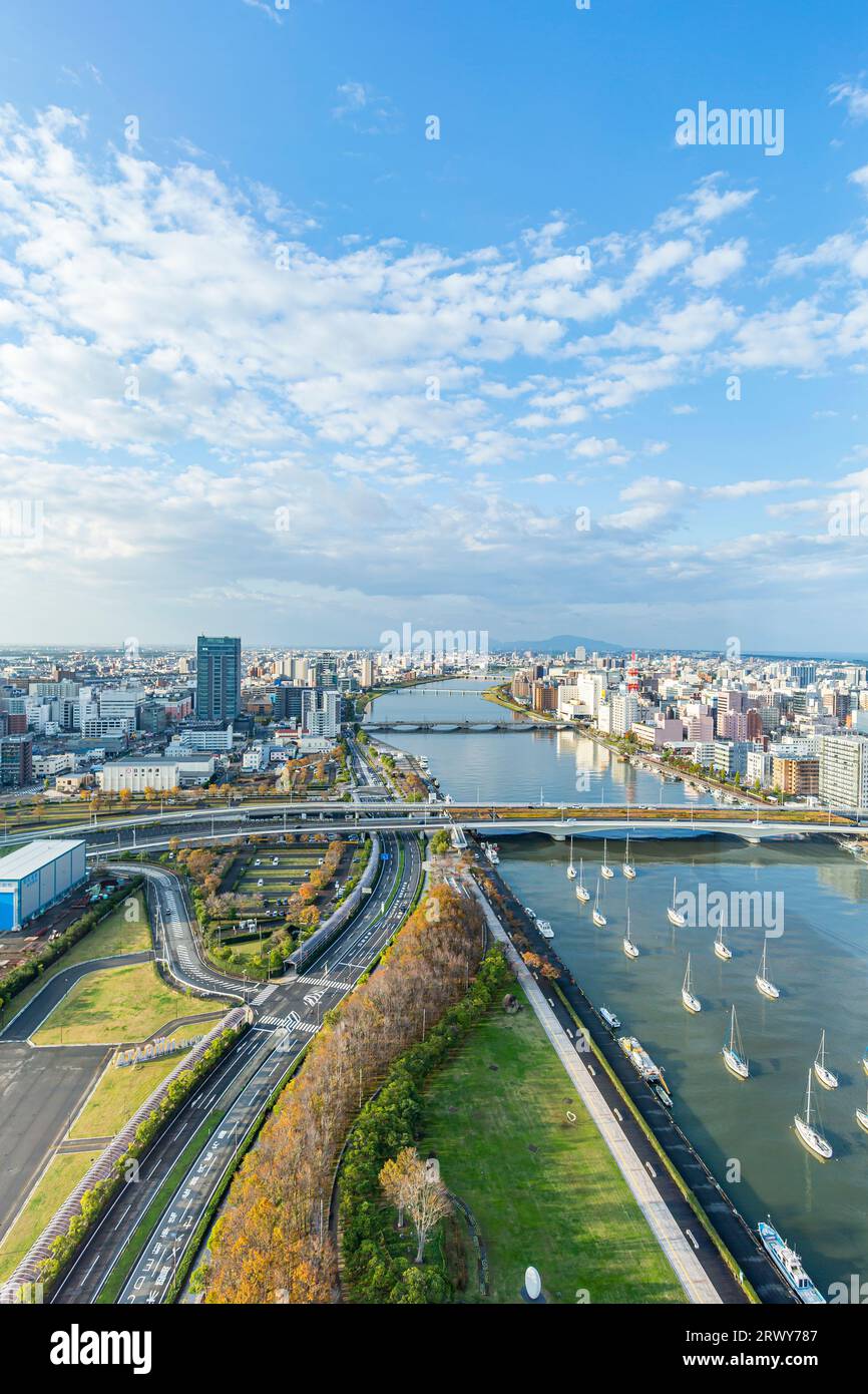 Historic Bandai Bridge surrounded by streetscapes along Niigata Shinano ...
