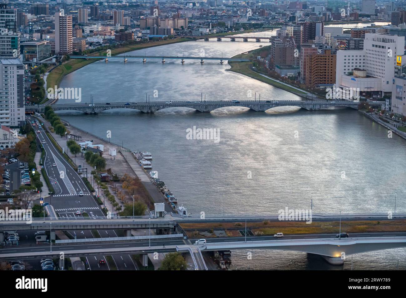 Historic Bandai Bridge and the streetscape along Niigata Shinano River ...