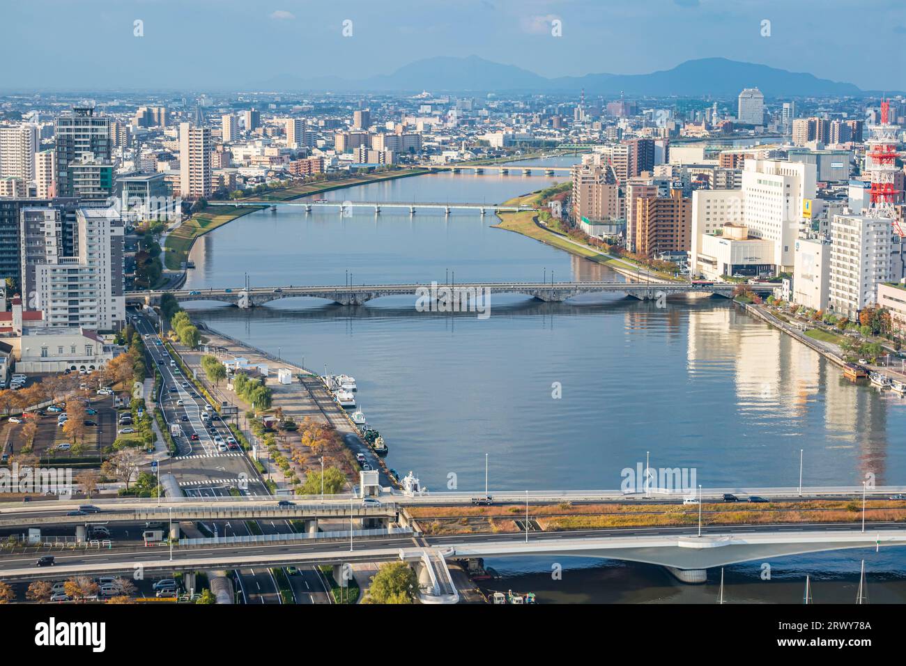 Historic Bandai Bridge surrounded by streetscapes along Niigata Shinano ...