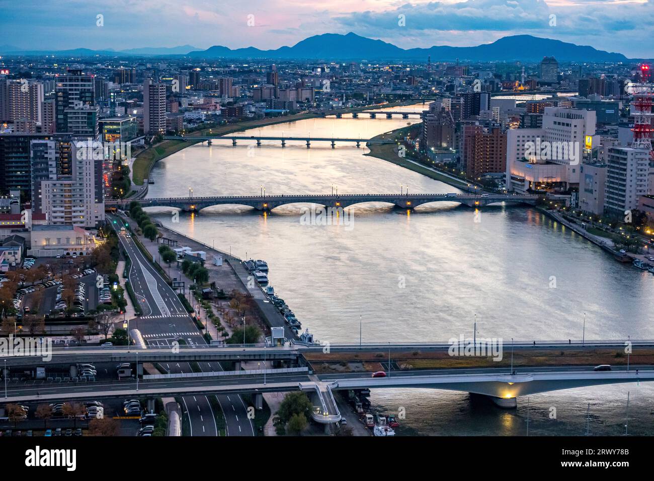 Historic Bandai Bridge and the streetscape along Niigata Shinano River ...