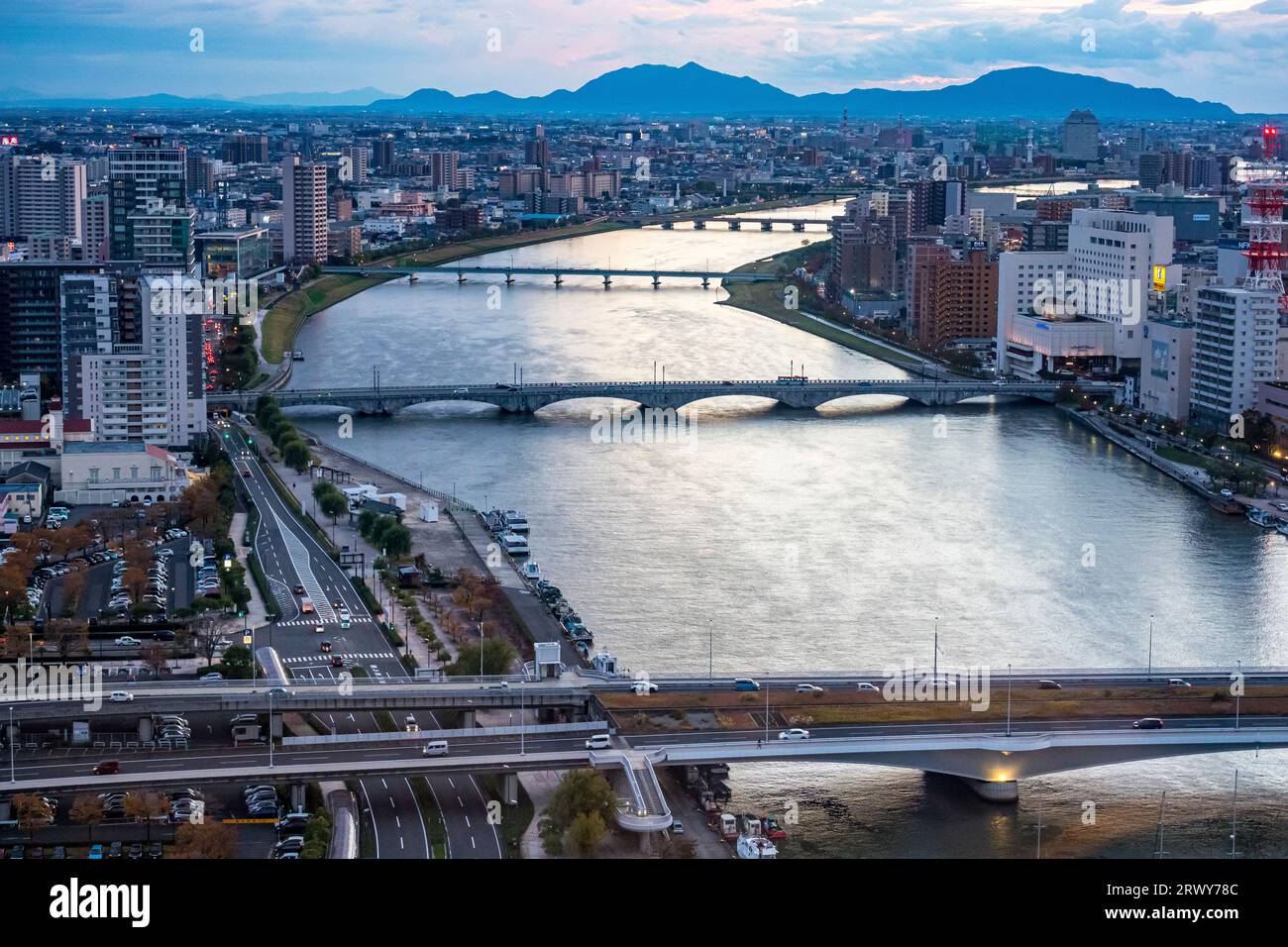 Historic Bandai Bridge and the streetscape along Niigata Shinano River ...