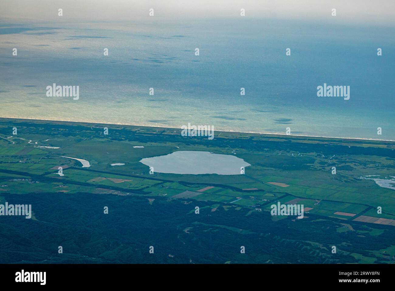 Beautiful marshland scenery of Sarobetsu plain seen from the sky and ...
