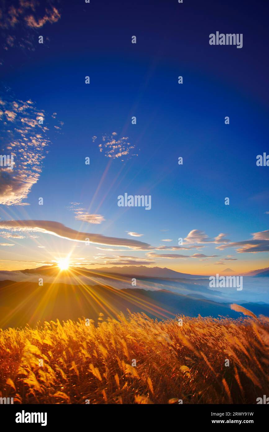 The rising sun from Mt. Tateshina, Mt. Fuji, the Yagatake mountain ...