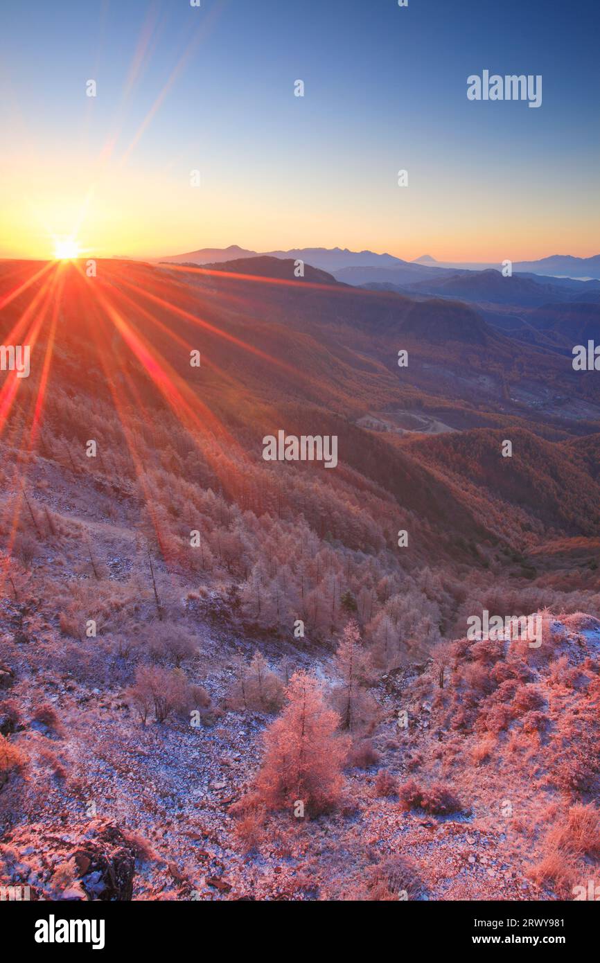 Mt. Fuji and the Yatsugatake Mountains with the morning sun and the ...