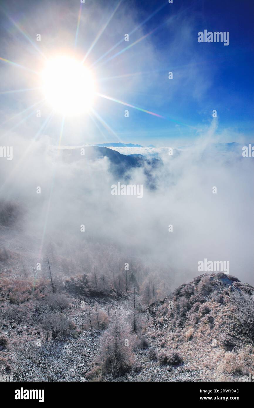 Morning sun, rising clouds, foggy forest, Mt. Fuji and Mt. Yatsugatake ...