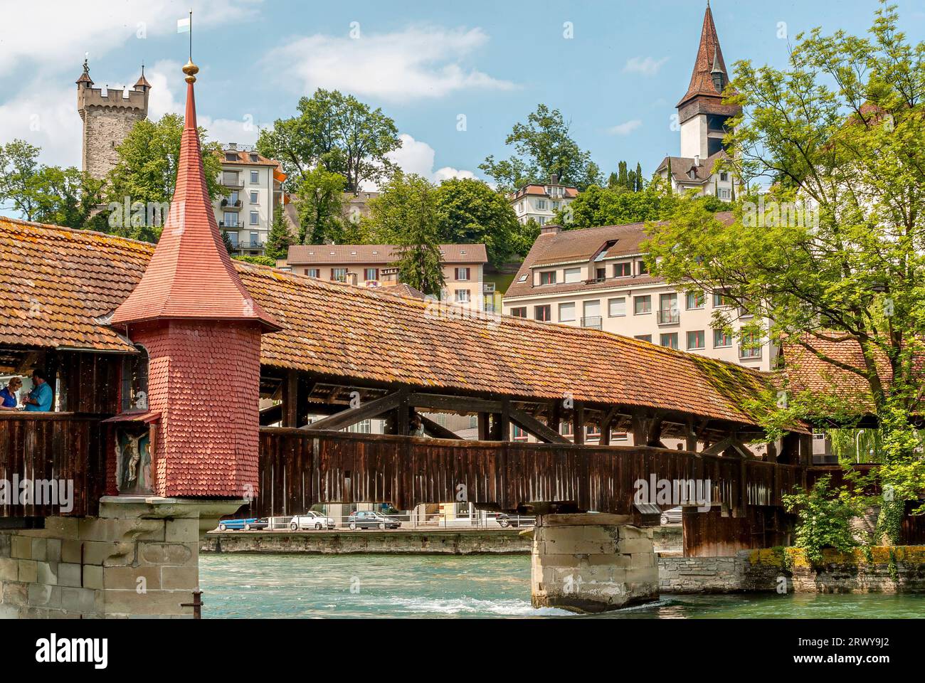 Spreuerbruecke (Mill Bridge) across the River Reuss in the old town of ...