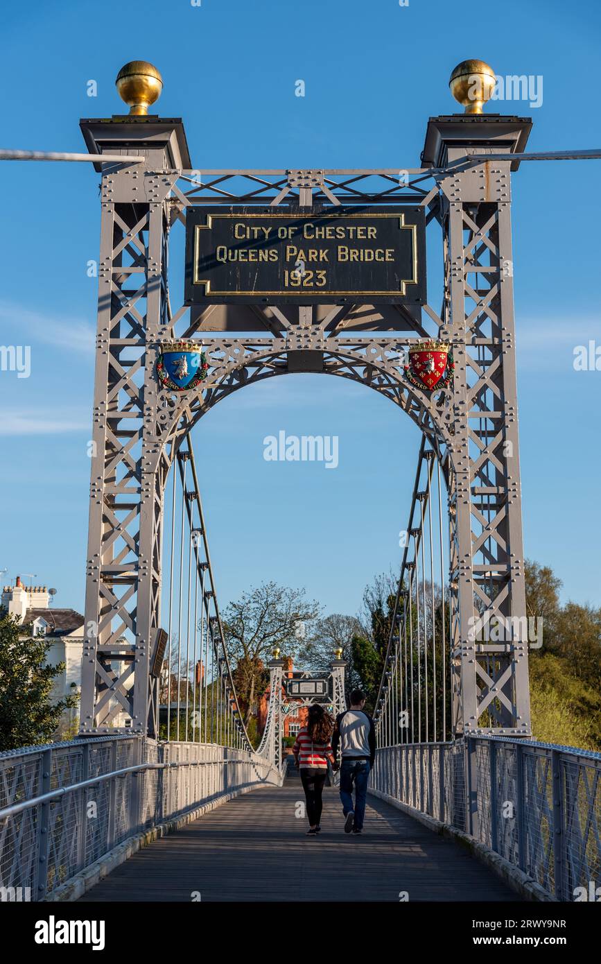 Queens Park suspension footbridge over the river Dee in Chester ...