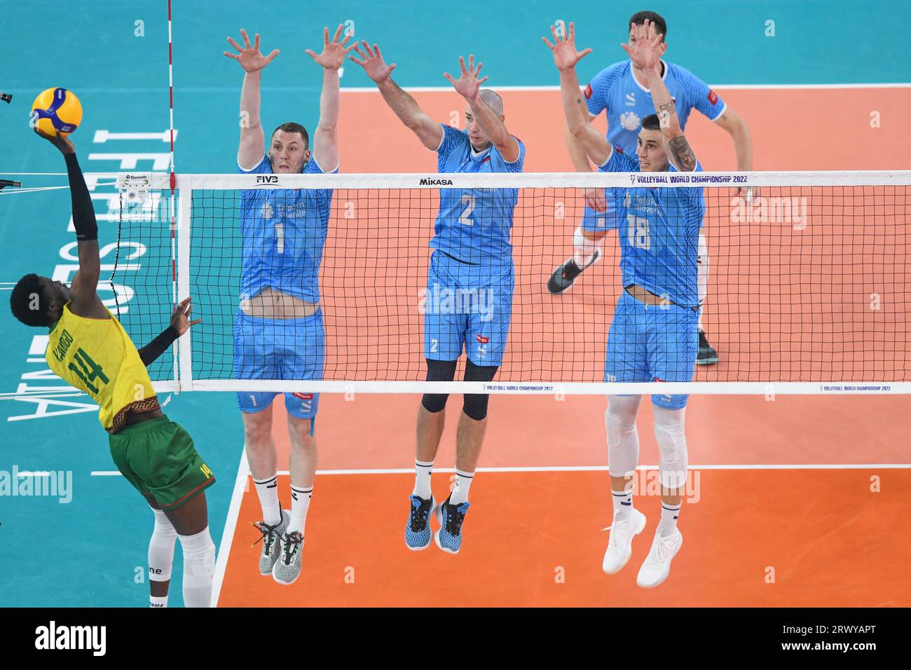 Toncek Stern, Alen Pajenk, Klemen Cebulj (Slovenia) blocking Yaoussia ...