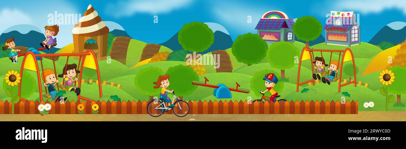 cartoon scene with kids playing at funfair amusement park or playground ...