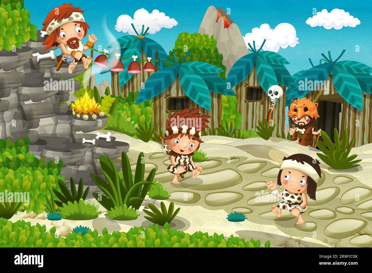 cartoon caveman village scene with volcano in the background - stone ...