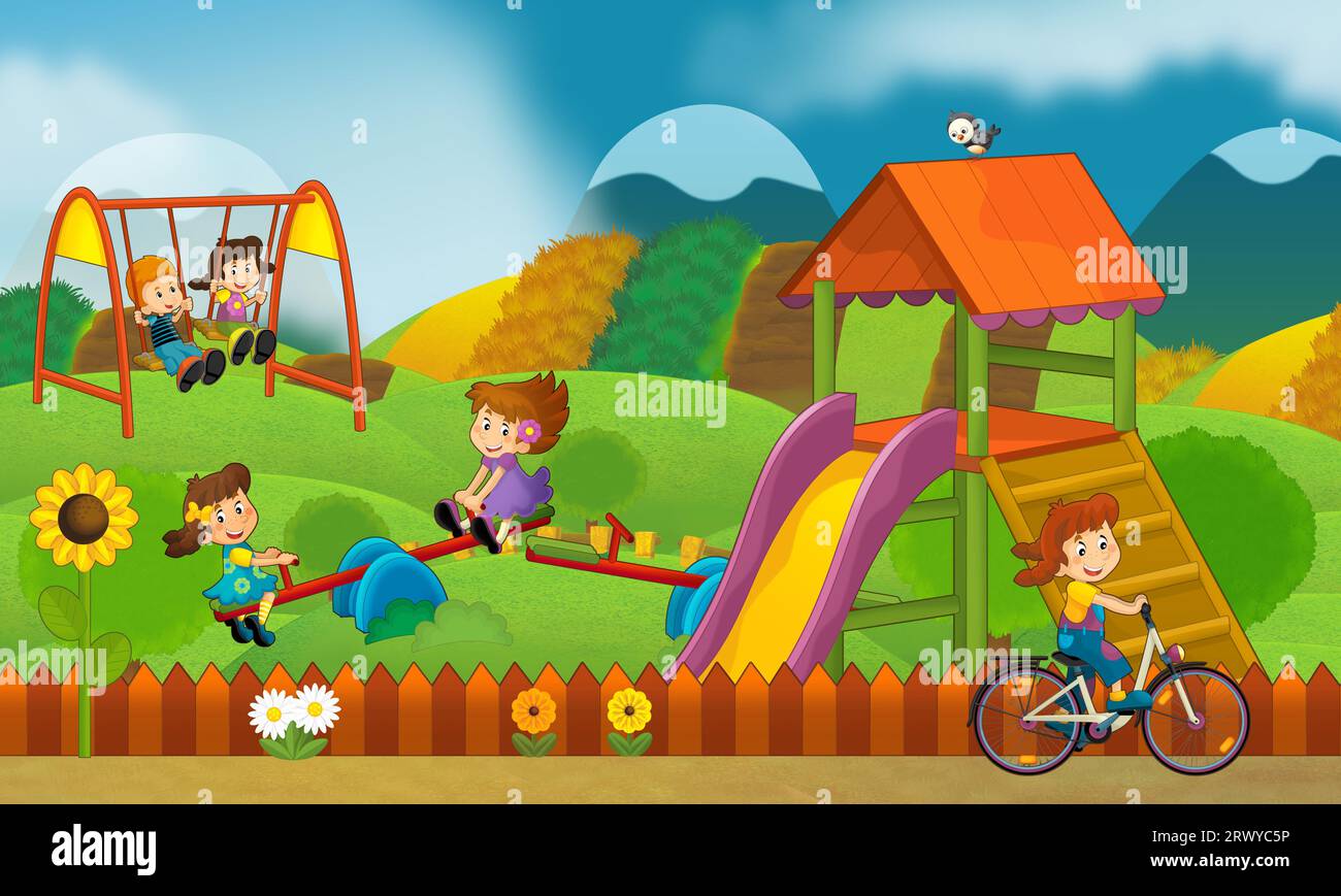 cartoon scene with kids playing at funfair amusement park or playground ...