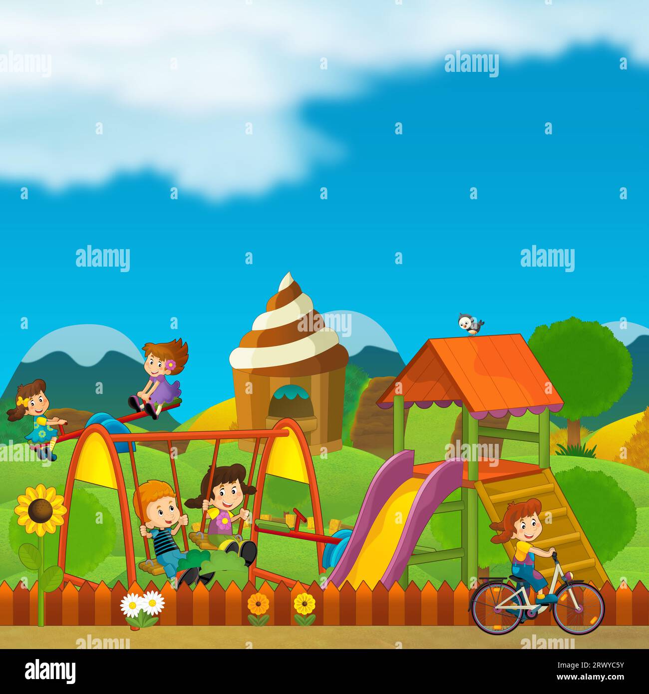 cartoon scene with kids playing at funfair amusement park or playground ...