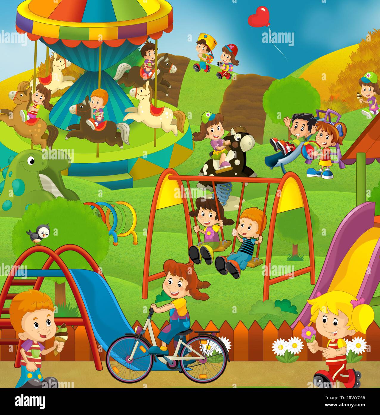 Cartoon illustration of children playing at the playground hi-res stock ...