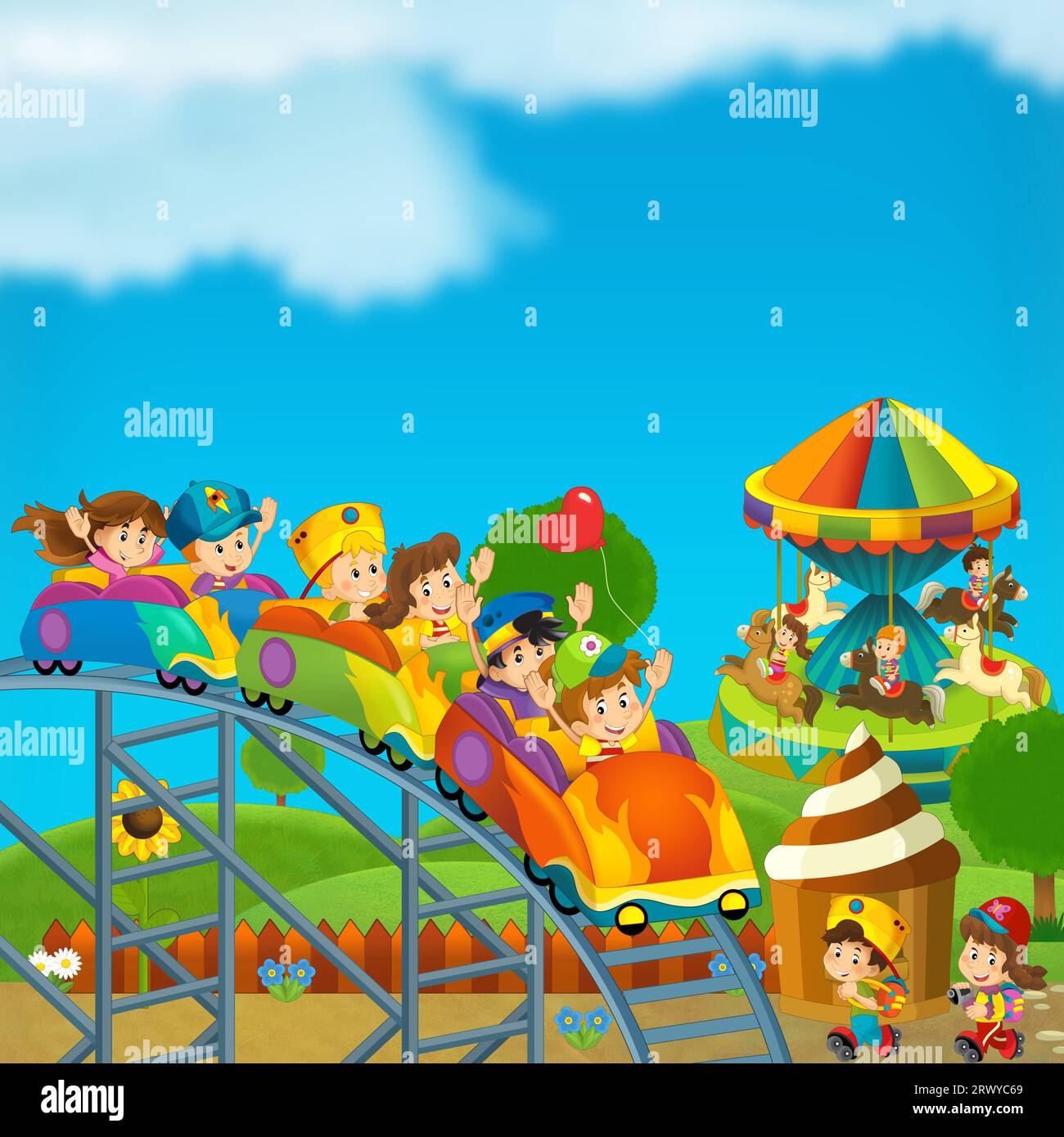 cartoon scene with kids playing at funfair amusement park or playground ...