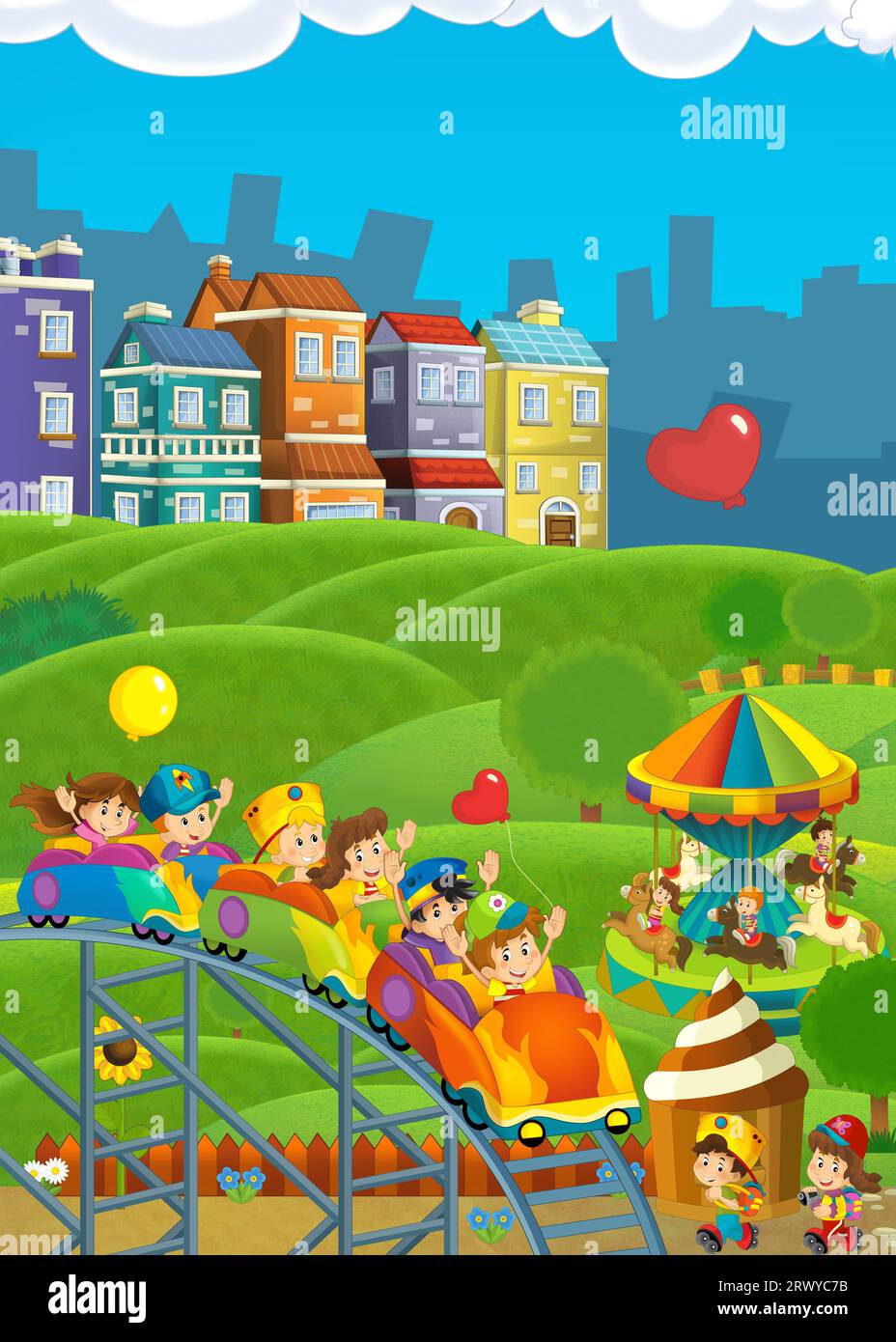 cartoon scene with kids playing at funfair amusement park or playground ...