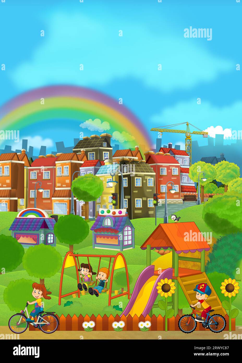 cartoon scene with kids playing at funfair amusement park or playground ...