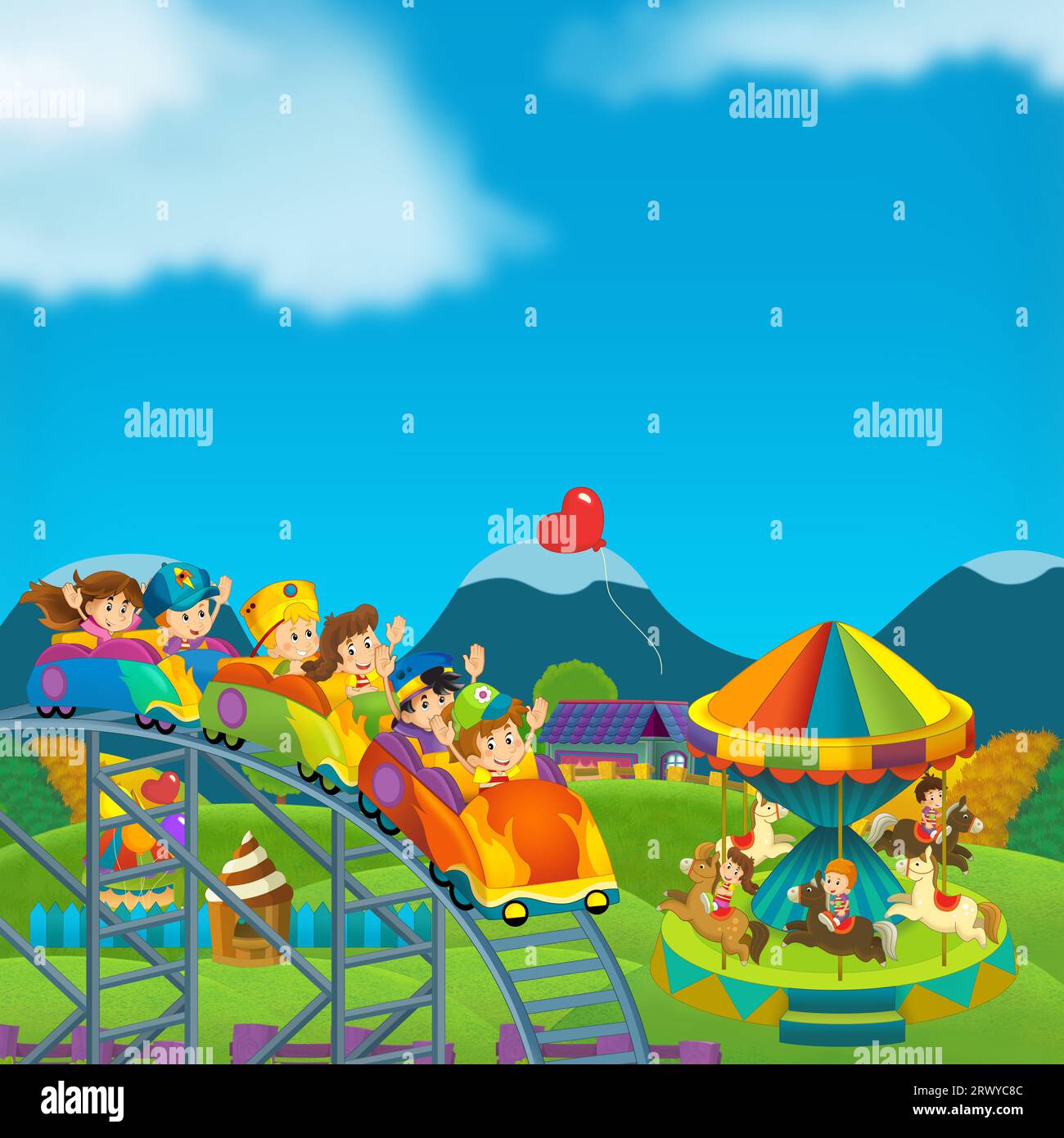 cartoon scene with kids playing at funfair amusement park or playground ...