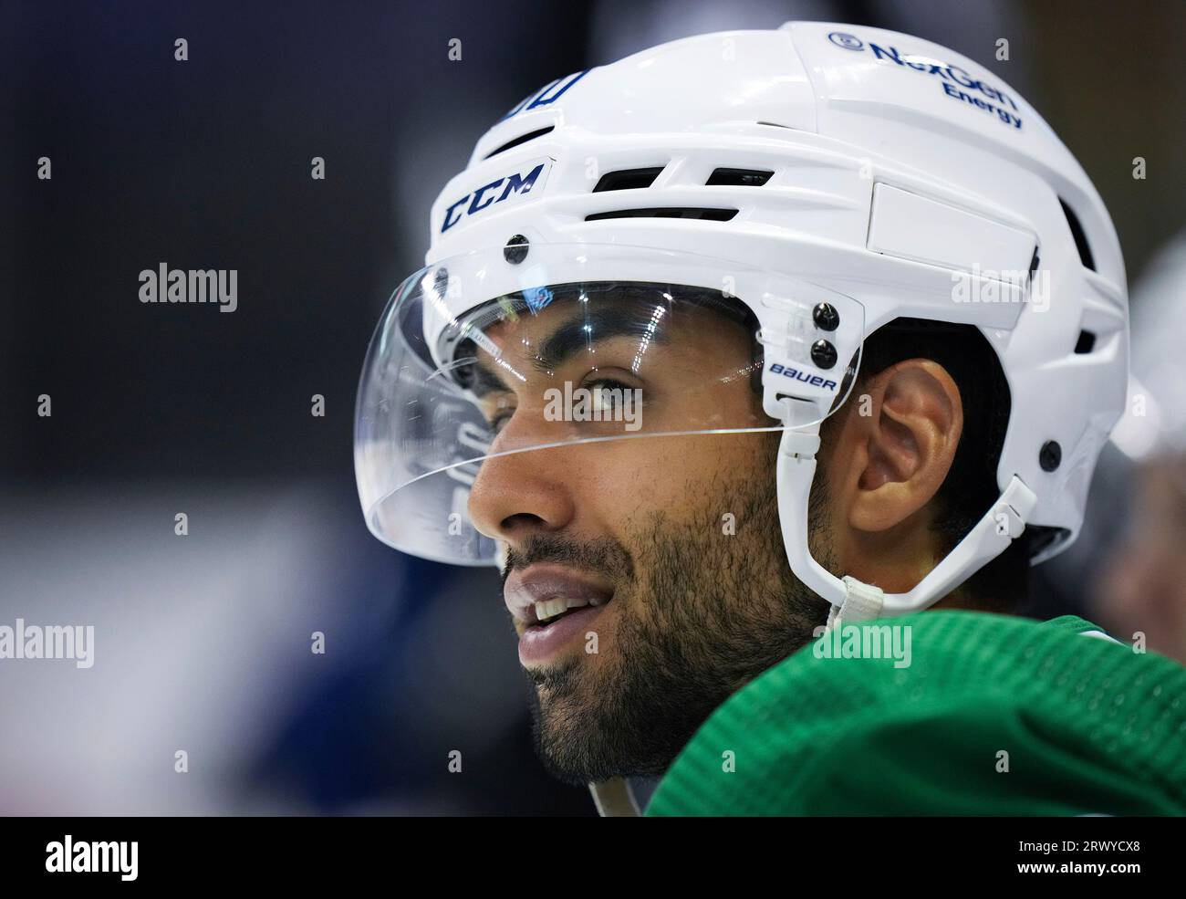 Vancouver Canucks' Arshdeep Bains waits for an on-ice session to begin ...