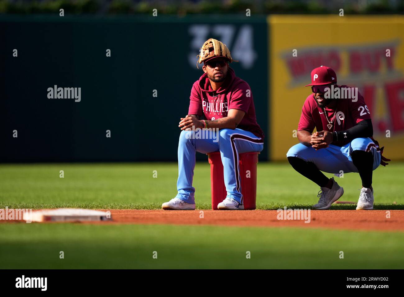 Philadelphia Phillies' Edmundo Sosa, left, and Rodolfo Castro watch ...