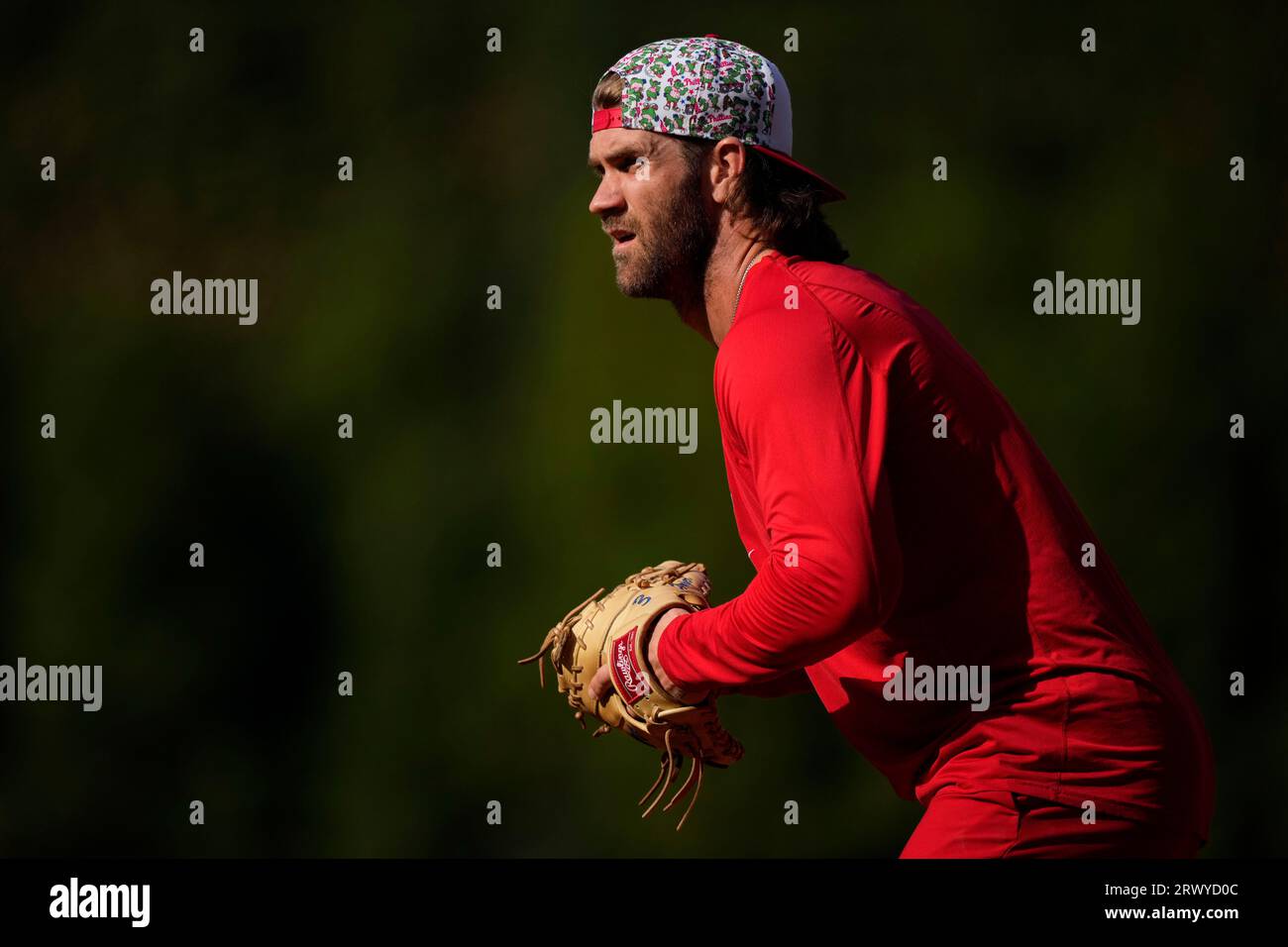 Philadelphia Phillies' Bryce Harper warms up before a baseball game ...
