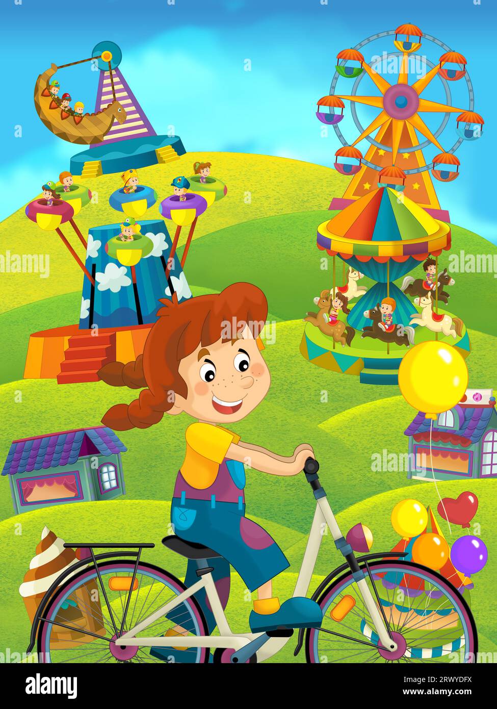 cartoon scene with kids playing at funfair amusement park or playground ...