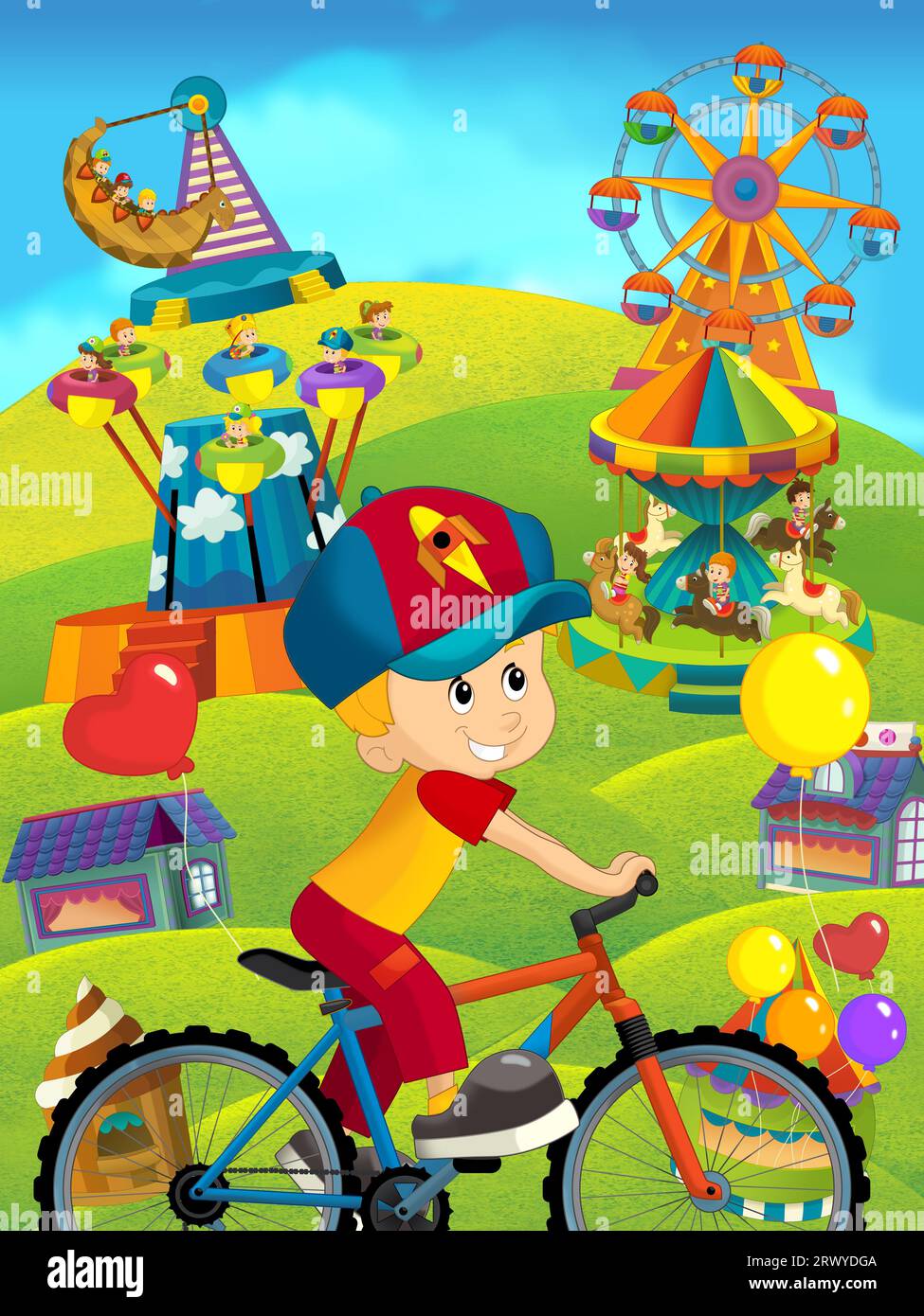 cartoon scene with kids playing at funfair amusement park or playground ...