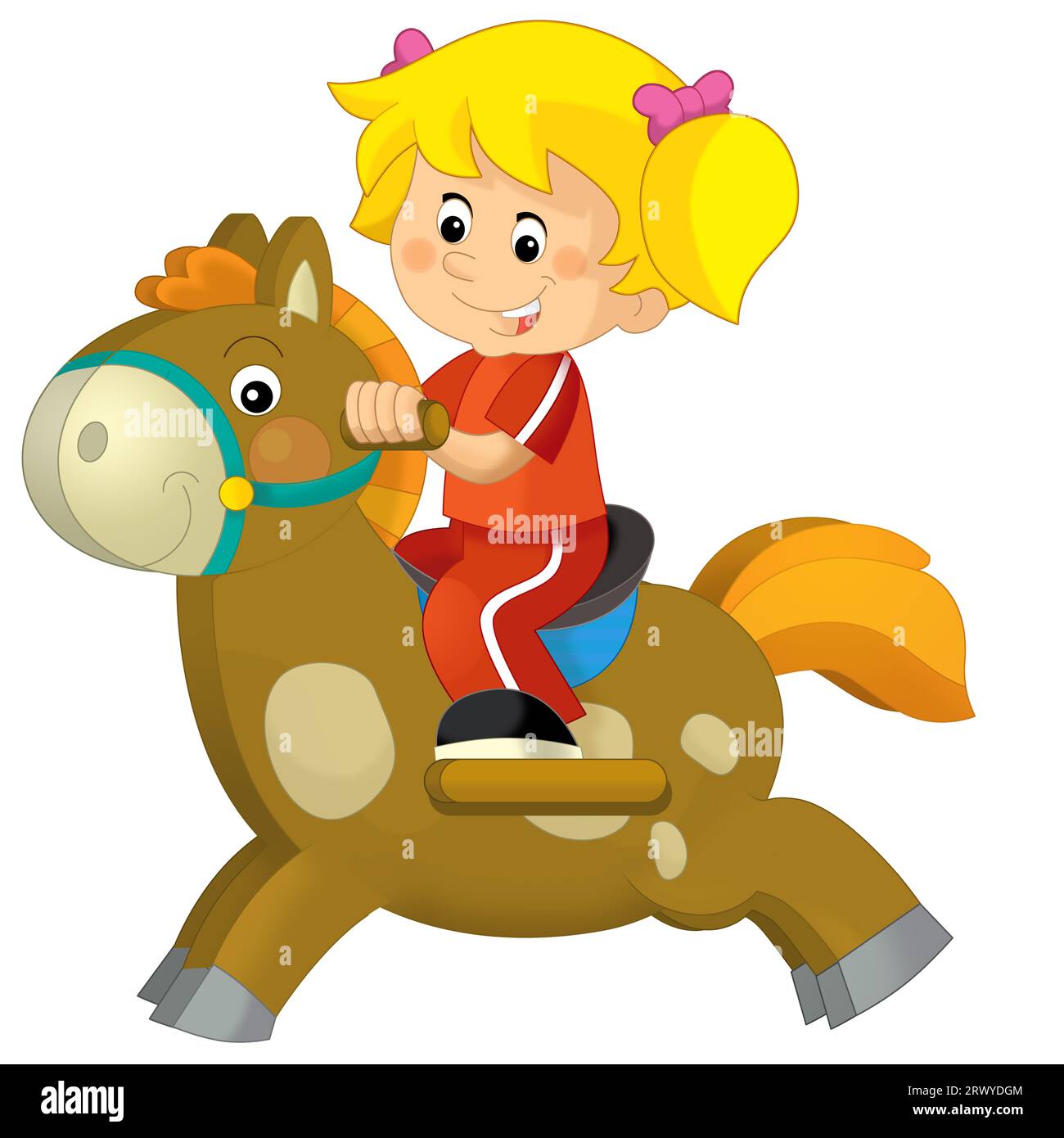 Girl on a playground toy horse isolated illustration for children Stock ...