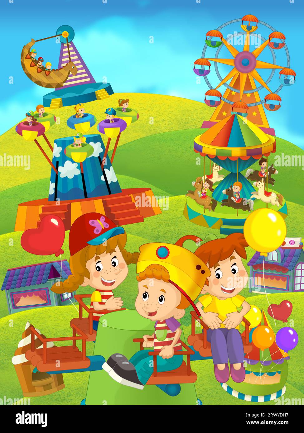 cartoon scene with kids playing at funfair amusement park or playground ...