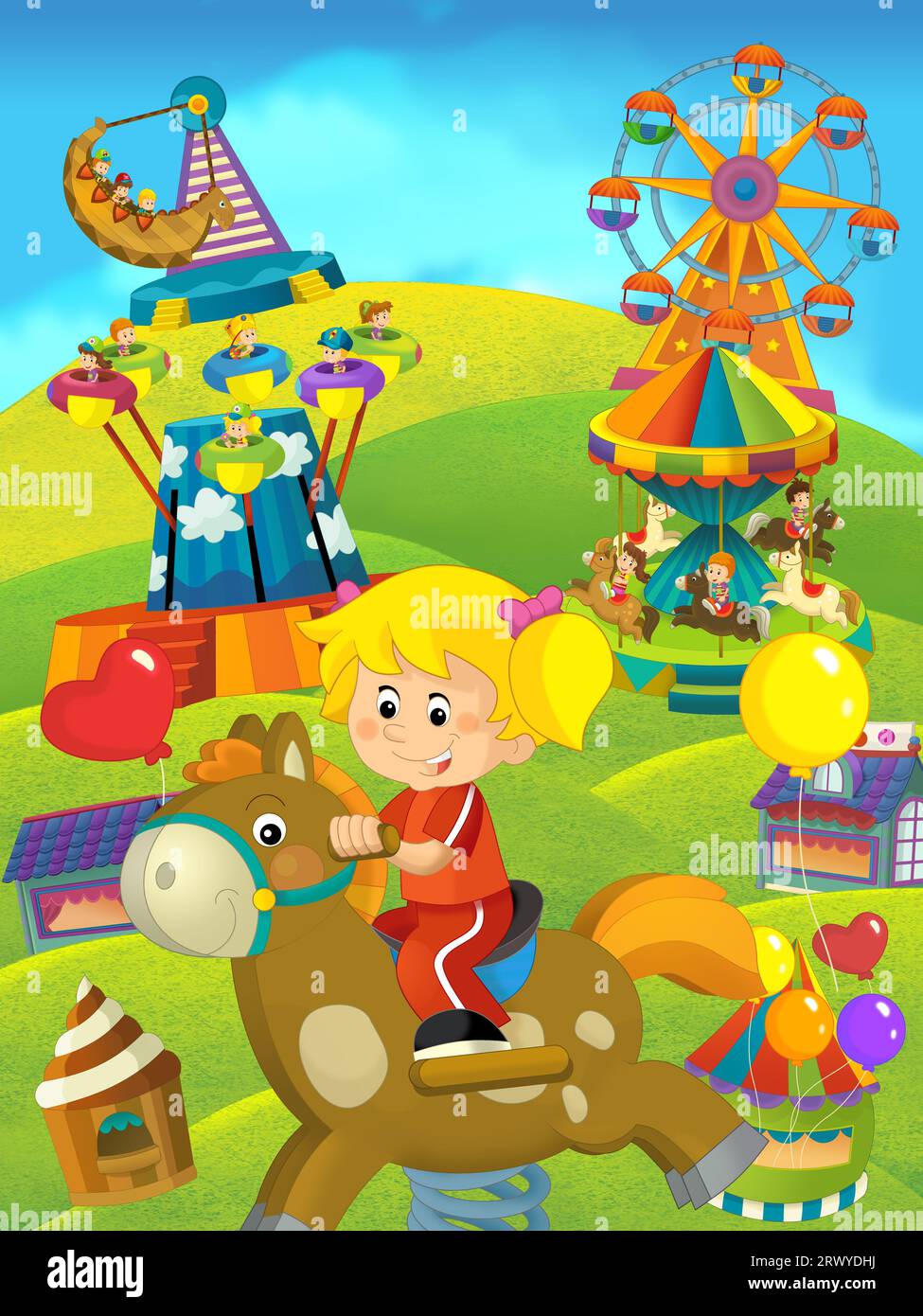 cartoon scene with kids playing at funfair amusement park or playground ...