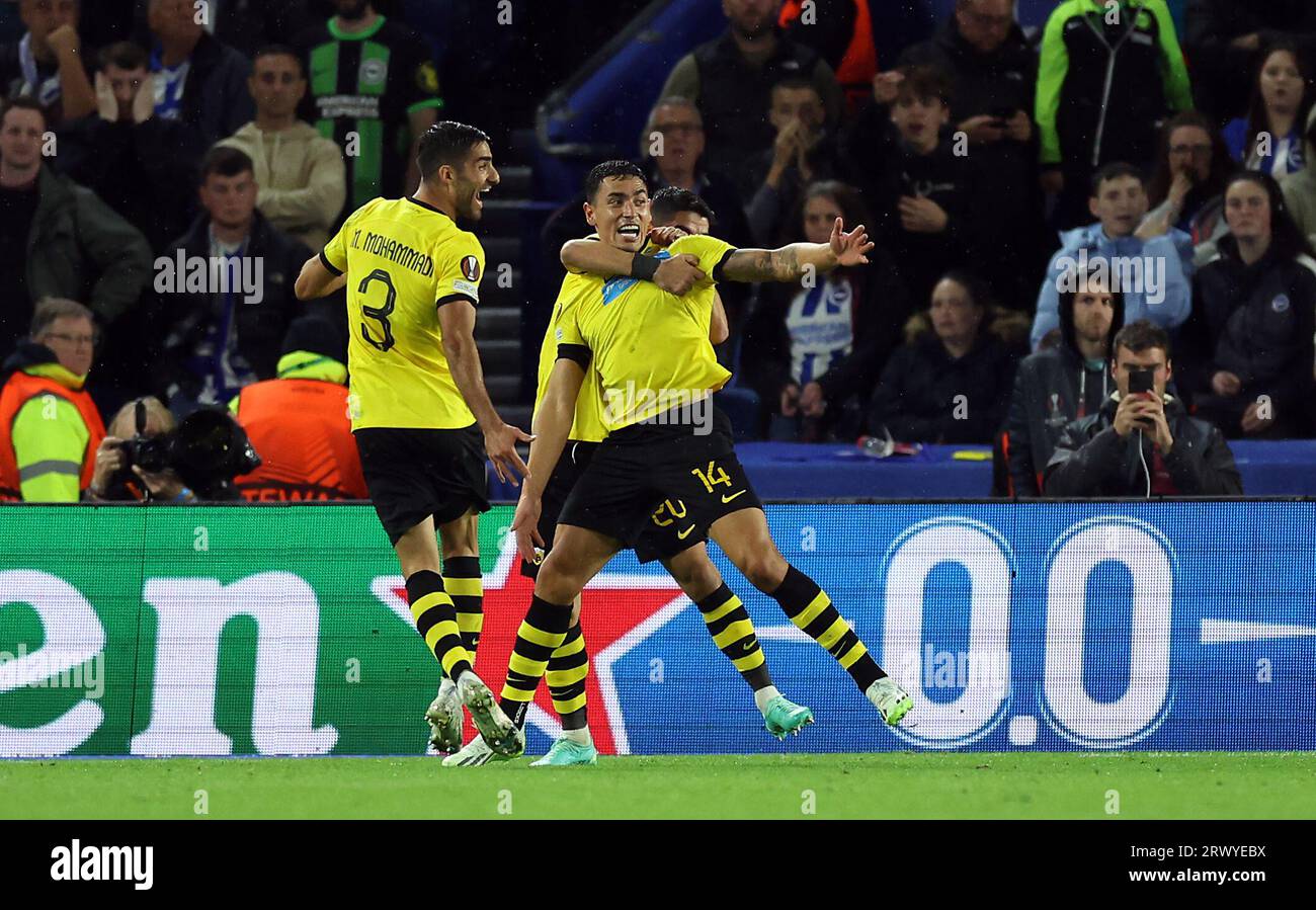 AEK Athens' Ezequiel Ponce celebrates scoring their side's third goal ...