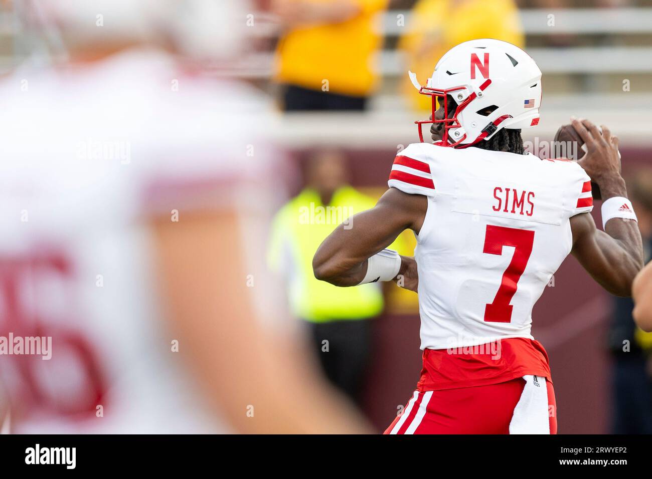 Nebraska's Jeff Sims (7) warms up ahead of the Nebraska vs. Minnesota ...