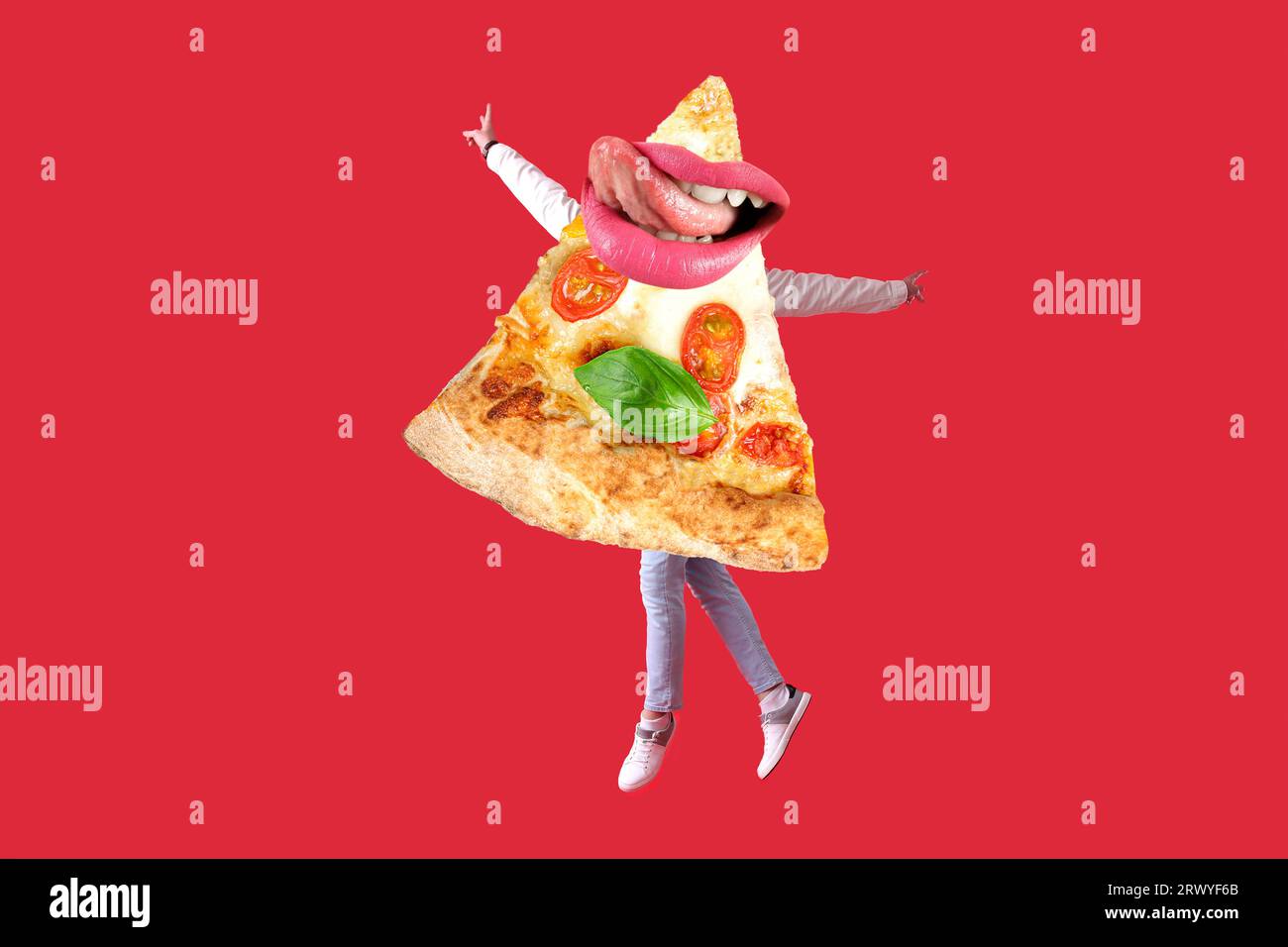 Jumping slice of tasty pizza with human hands, lips and legs on red ...