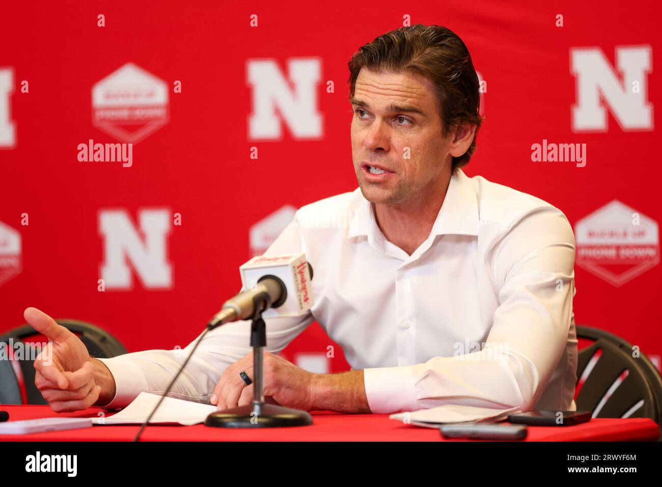 Long Beach State head coach Tyler Hildebrand speaks during a news ...