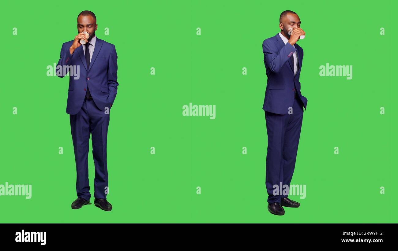 Company manager in office suit serving coffee cup, holding caffeine ...