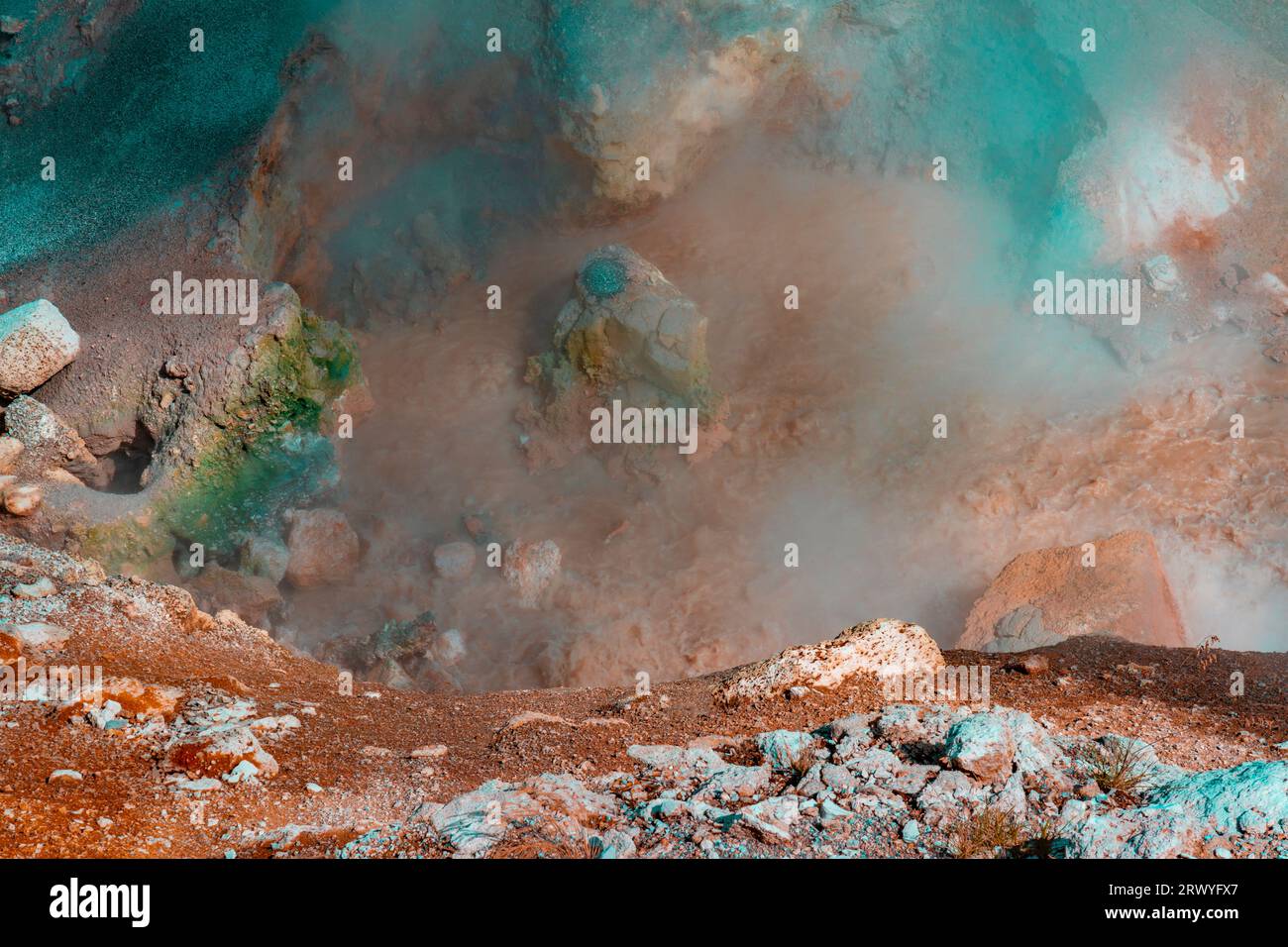 Closeup overlook at Yellowstone National Park shows dramatic volcano ...