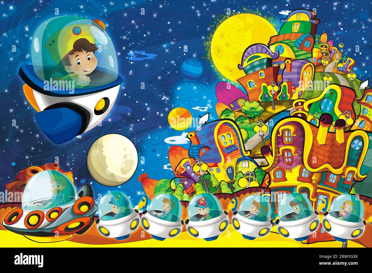 Cartoon funny colorful scene of cosmos galactic alien ufo isolated ...