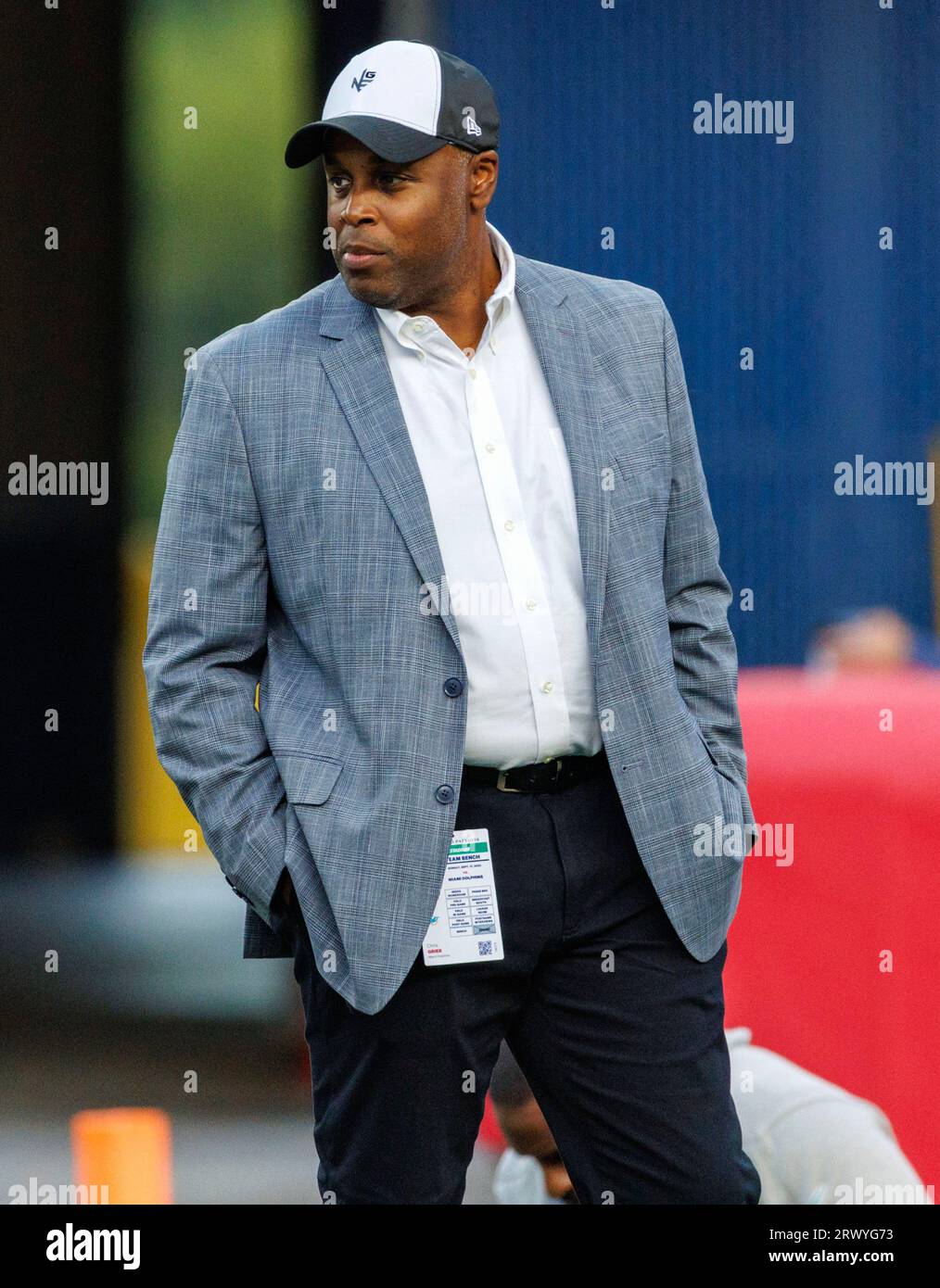 Miami Dolphins general manager Chris Grier looks on before the start of ...