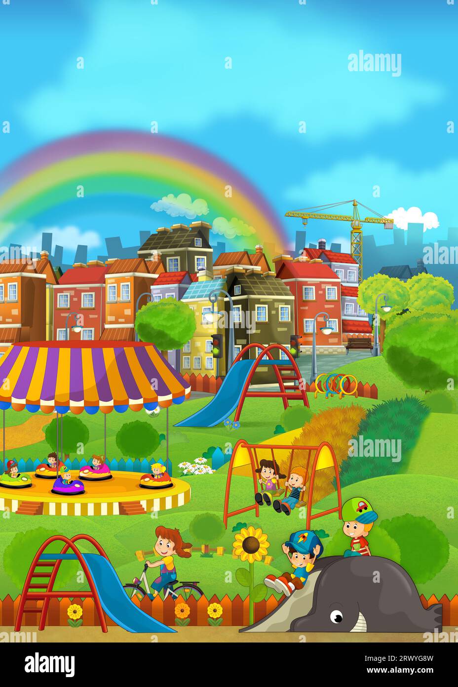 cartoon scene with kids playing at funfair amusement park or playground ...