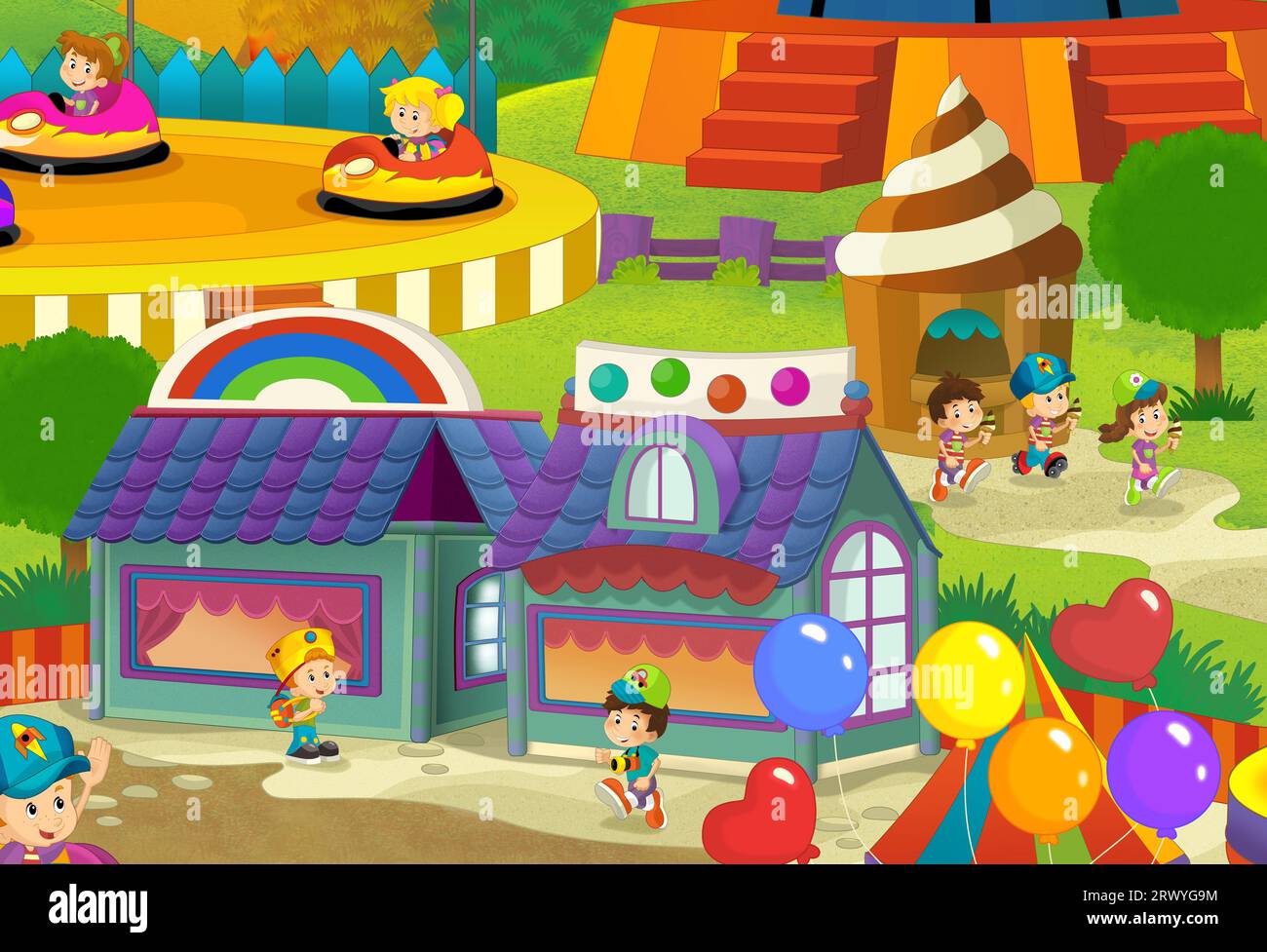 cartoon scene with kids playing at funfair amusement park or playground ...