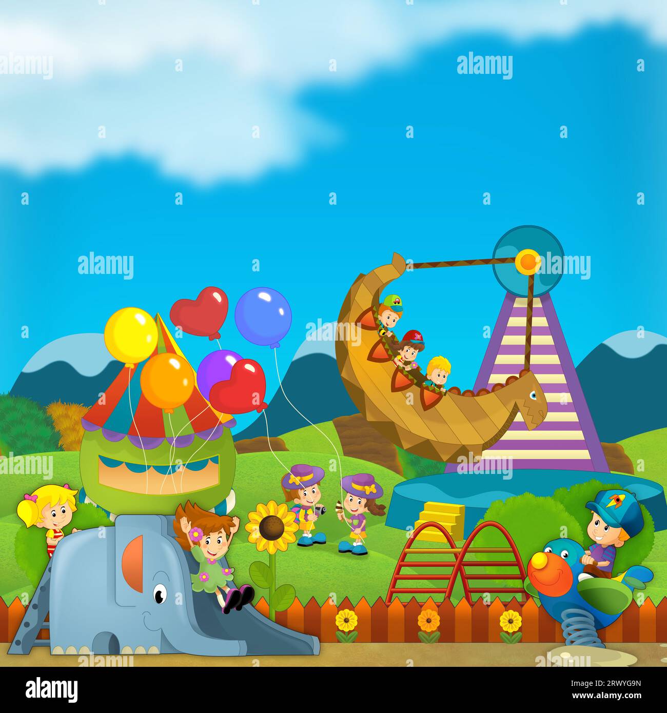 cartoon scene with kids playing at funfair amusement park or playground ...
