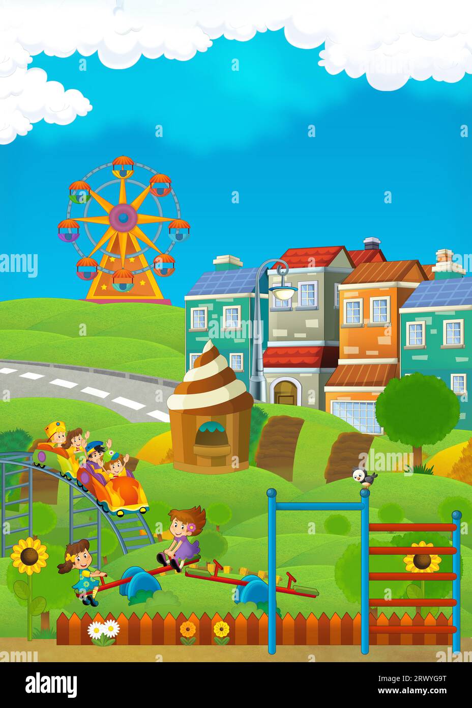 cartoon scene with kids playing at funfair amusement park or playground ...