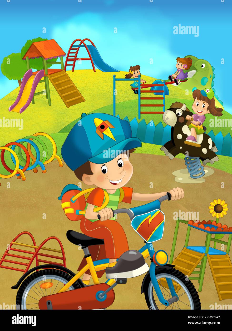 cartoon scene with kids playing at funfair amusement park or playground ...