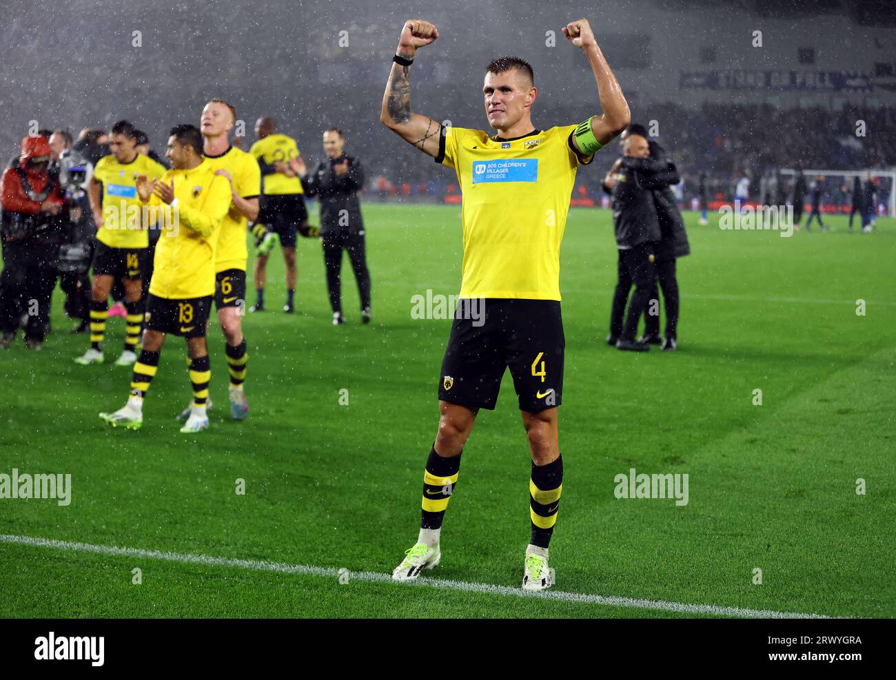 AEK Athens' Damian Szymanski celebrates after the final whistle of the ...