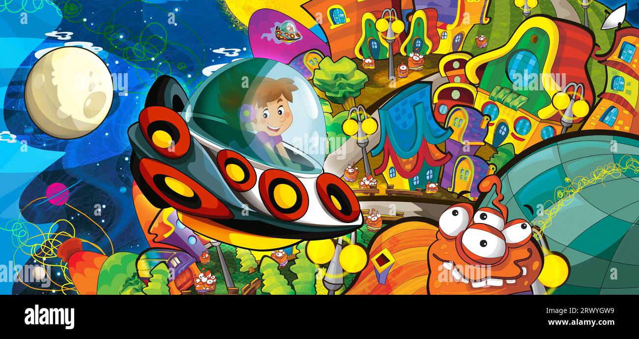 Cartoon funny colorful scene of cosmos galactic alien ufo isolated ...