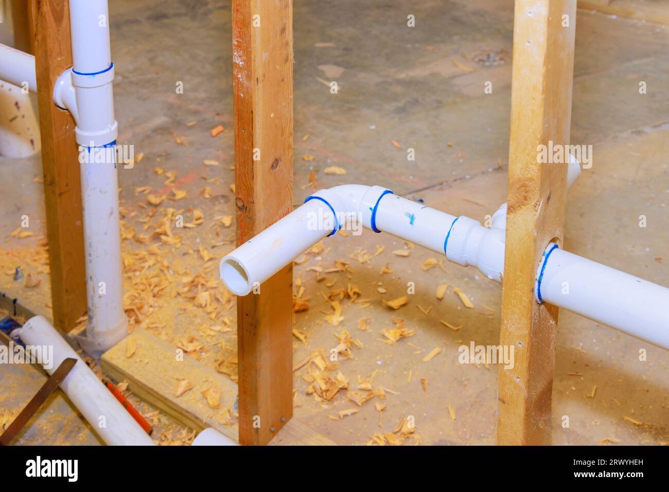 Constructing new house in wall PVC drain pipe system installation Stock ...