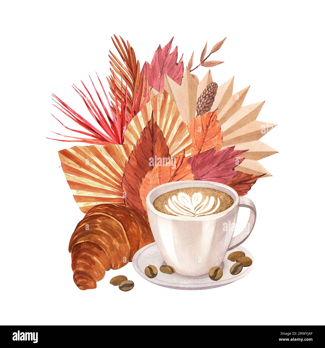 Watercolor coffee cup with autumn florals boho leaves with croissant ...