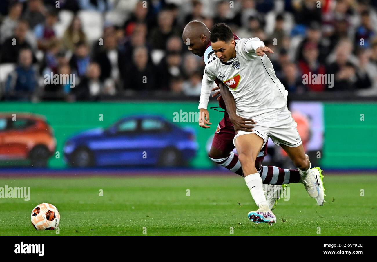 London, UK. 21st Sep, 2023. Petar Stanic (Backa Topola) goes past ...