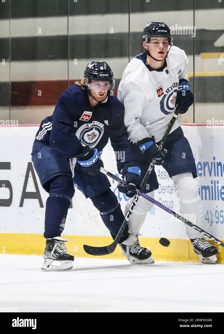 Winnipeg Jets' Kyle Connor (81) and Rasmus Kupari (15) go for the puck ...