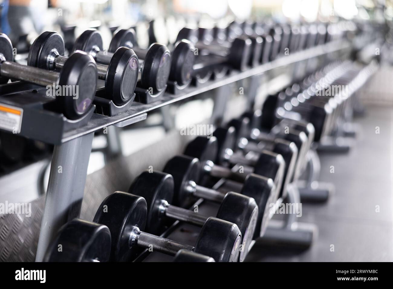 Rows of dumbbells for free weight training on rack in gym Stock Photo ...